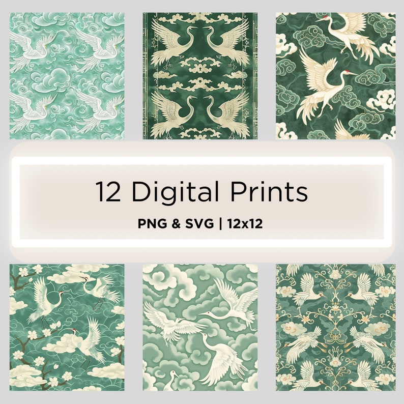 Korean Celadon-inspired Crane and Cloud Pattern Pack, Goryeo Dynasty Style Digital Papers, Noble ...