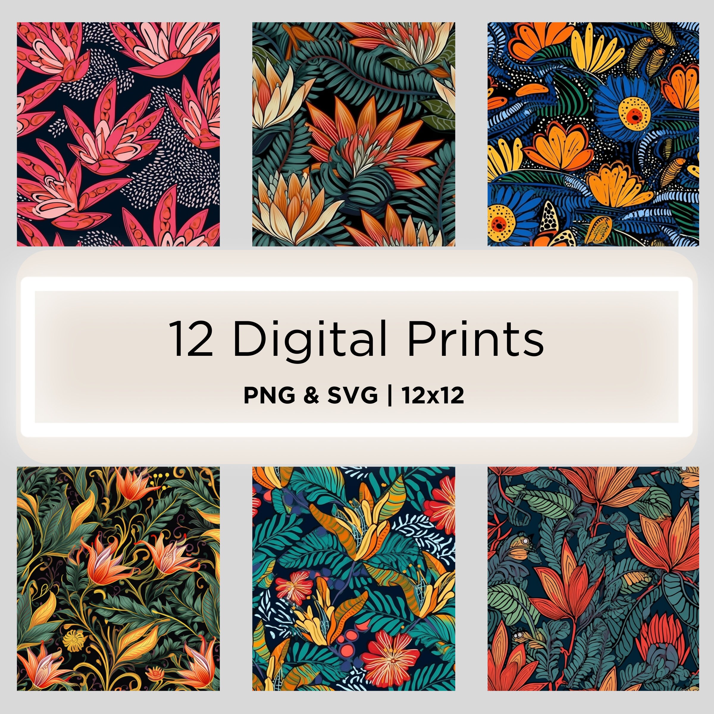 African Floral Pattern Pack 12 Vibrant PNG Format Digital Papers ...