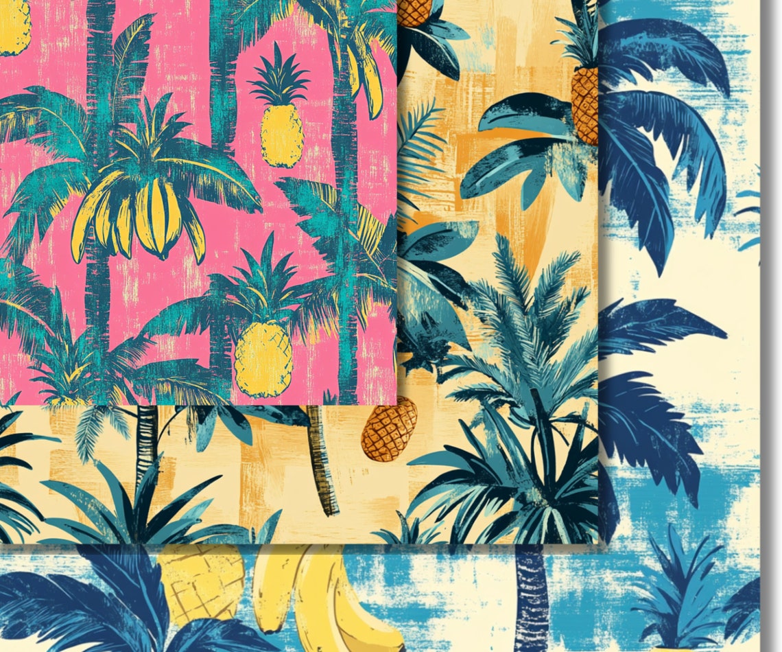 Vintage Tropical Pattern Pack: Retro Palm, Pineapple PNG (12 Seamless ...