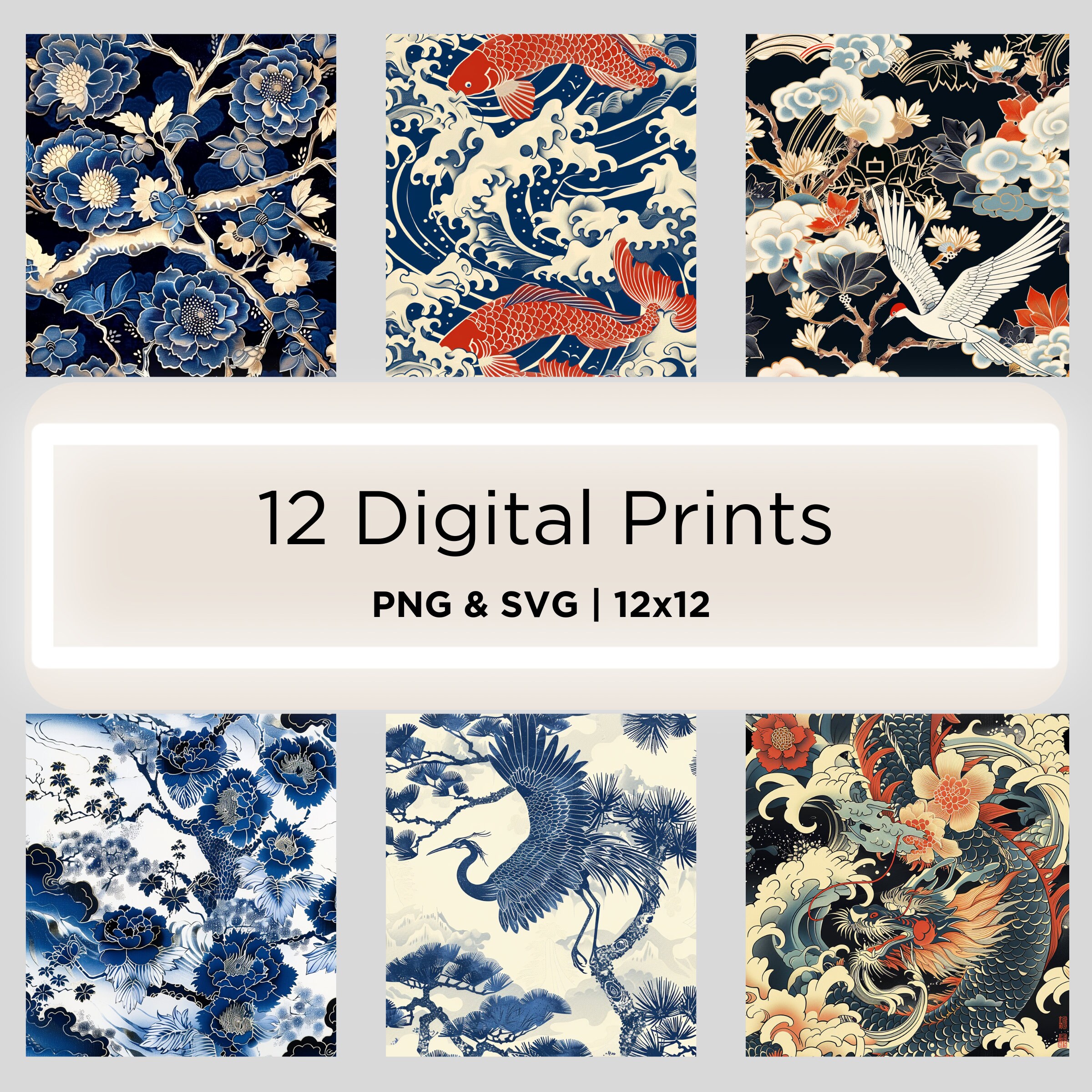 Ukiyo-e Inspired Pattern Pack: Japanese Woodblock Prints, Prussian Blue ...