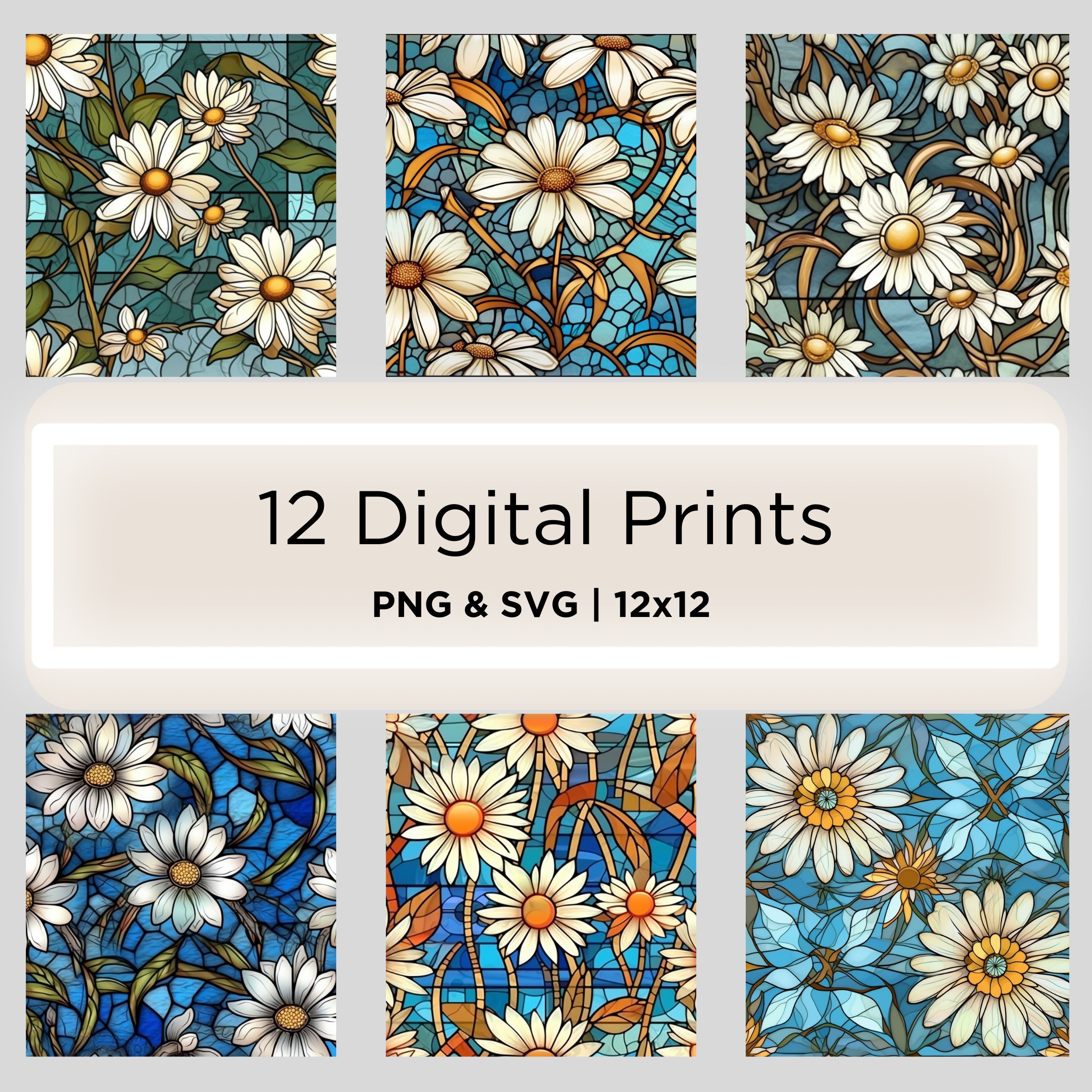 Stained Glass Daisy Patterns - 12 Digital Scrapbooking Papers - Floral ...