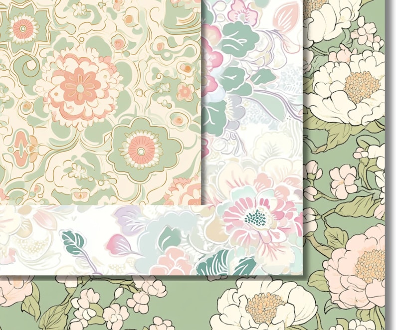 Intricate Hanbok-inspired Floral Pattern Pack | Delicate Pastel Floral Designs in Pink, Light ...