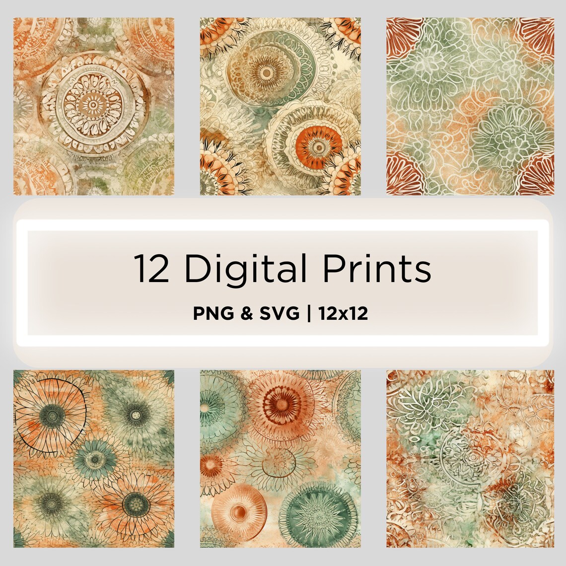 Boho-chic Mandala Digital Patterns Pack - 12 Unique Earthy Toned ...