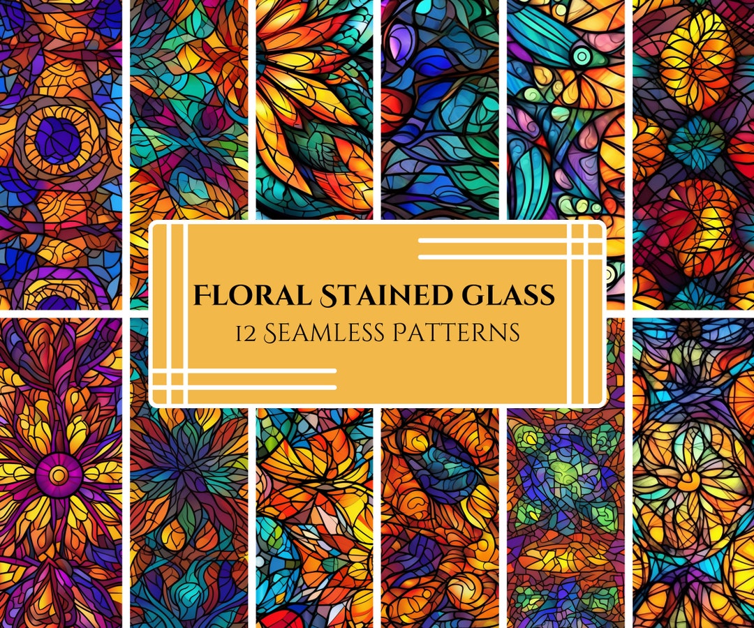 Stained Glass Floral Digital Patterns: Vibrant Designs (PNG) - Etsy