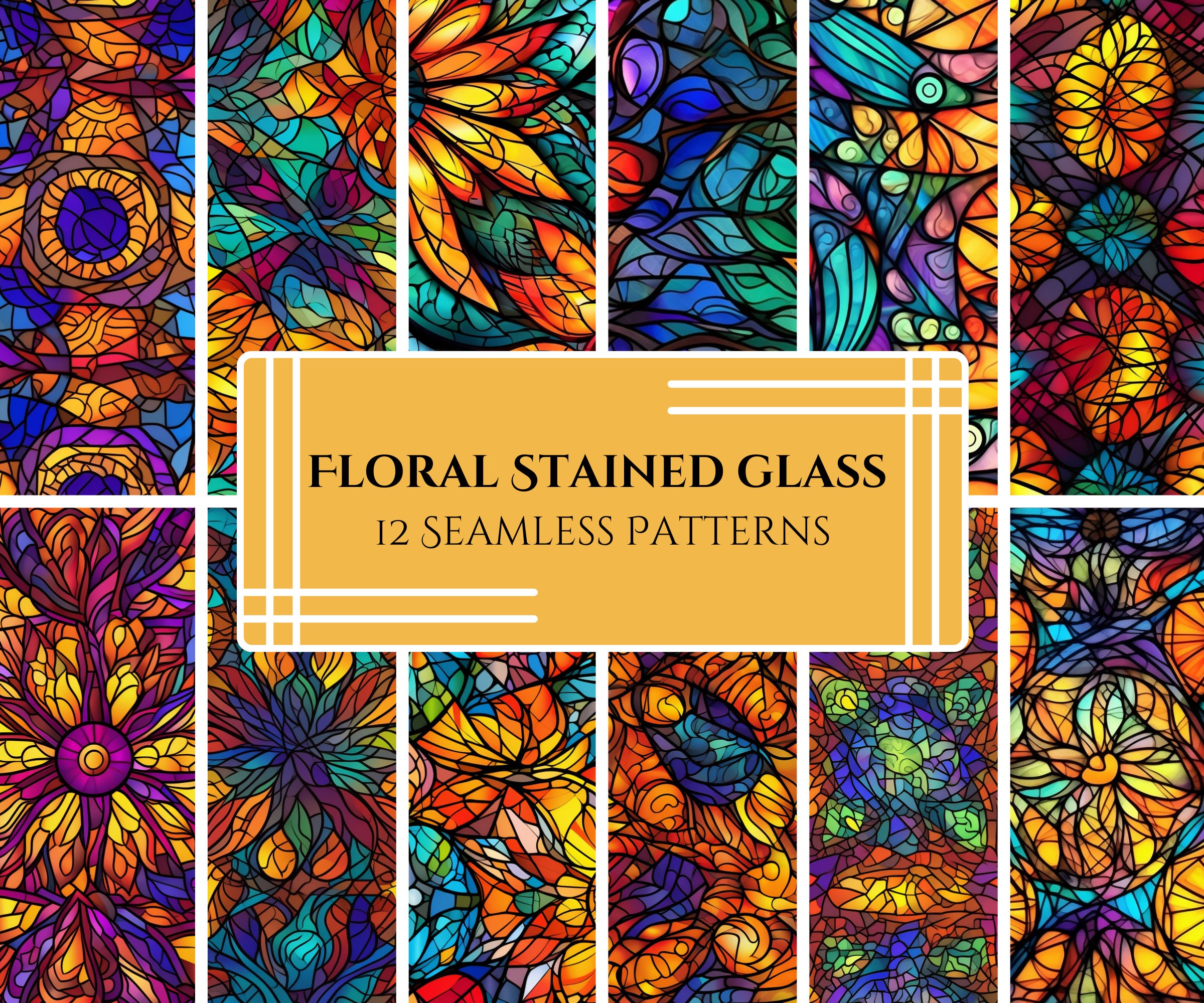 Stained Glass Floral Digital Patterns: Vibrant Designs (PNG) - Etsy