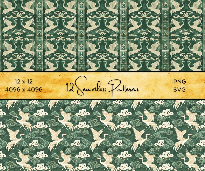 Korean Celadon-inspired Crane and Cloud Pattern Pack, Goryeo Dynasty Style Digital Papers, Noble ...