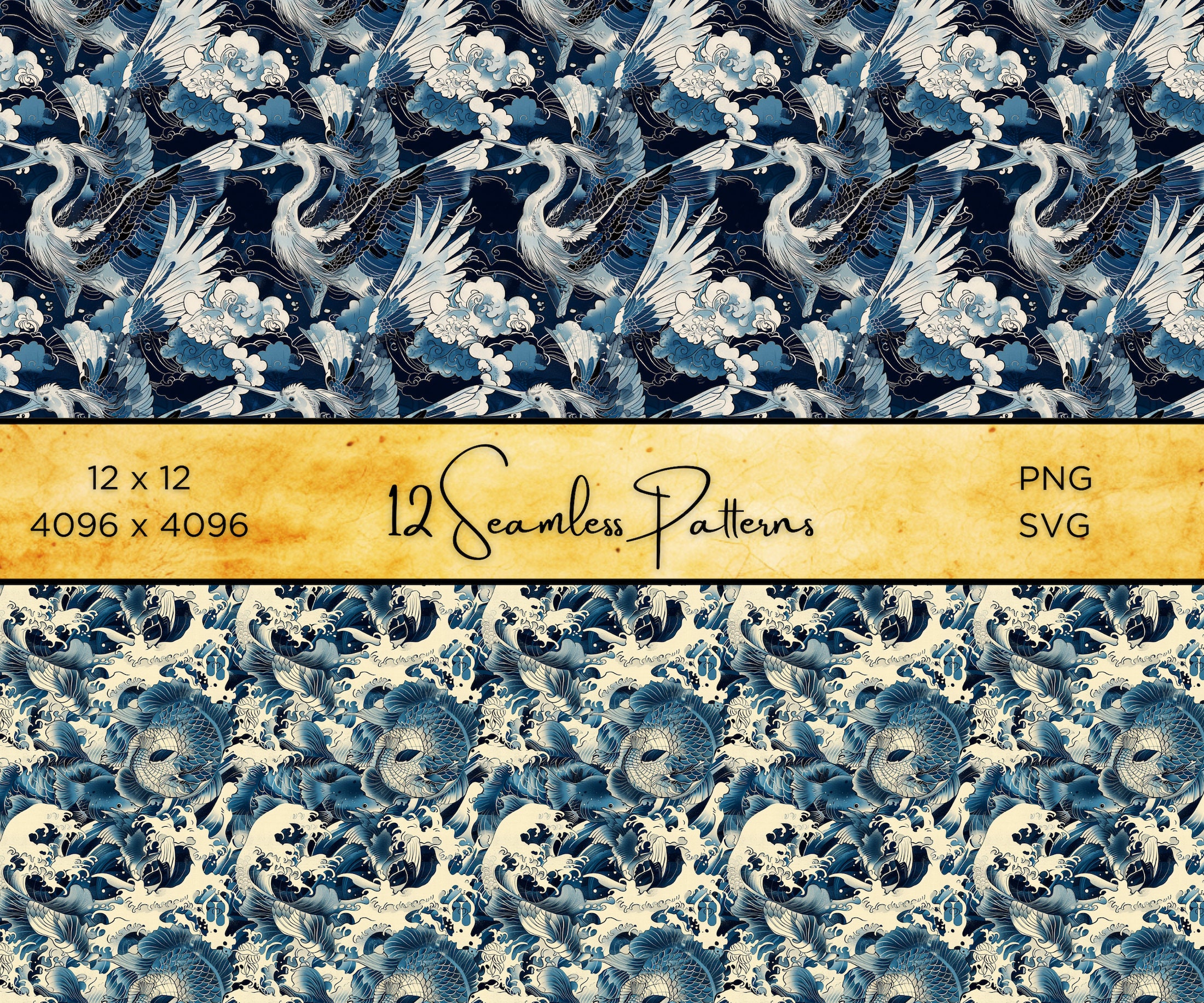 Ukiyo-e Inspired Pattern Pack: Japanese Woodblock Prints, Prussian Blue ...