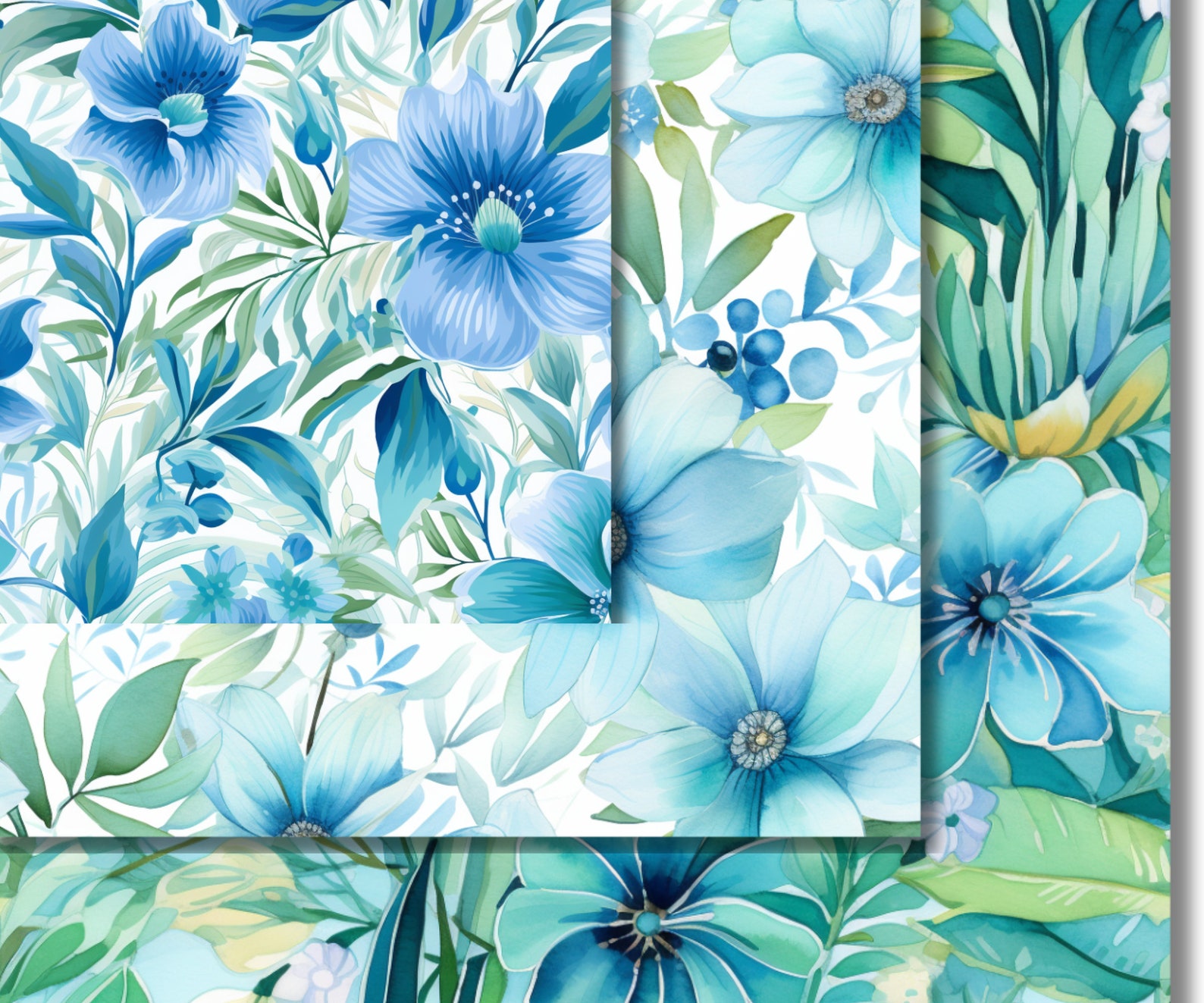 Seamless Oasis Watercolor Floral Patterns - Serene Blue and Green ...