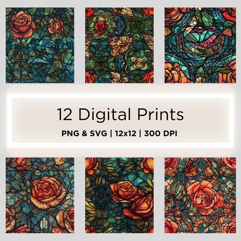 Stained Glass Rose SVG & PNG Patterns 12 Digital - Etsy