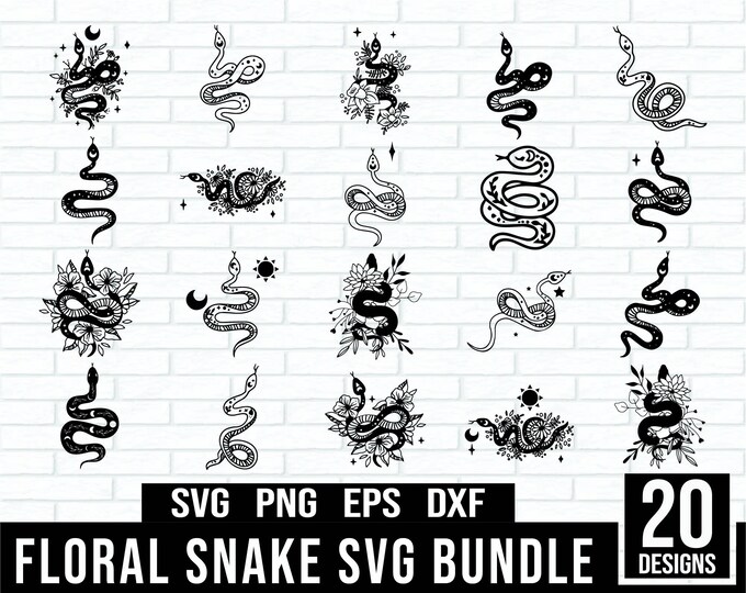 Floral Snake Svg Bundle, Snake Svg, Snake With Flowers Svg, Mystical ...