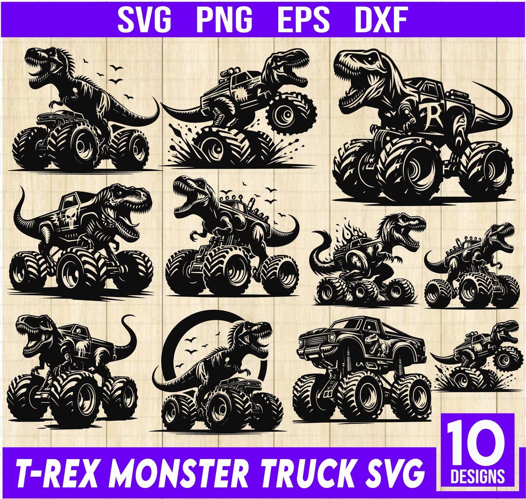 T Rex Riding Monster Truck Svg Bundle, Dino Dinosaur Clipart Silhouette ...