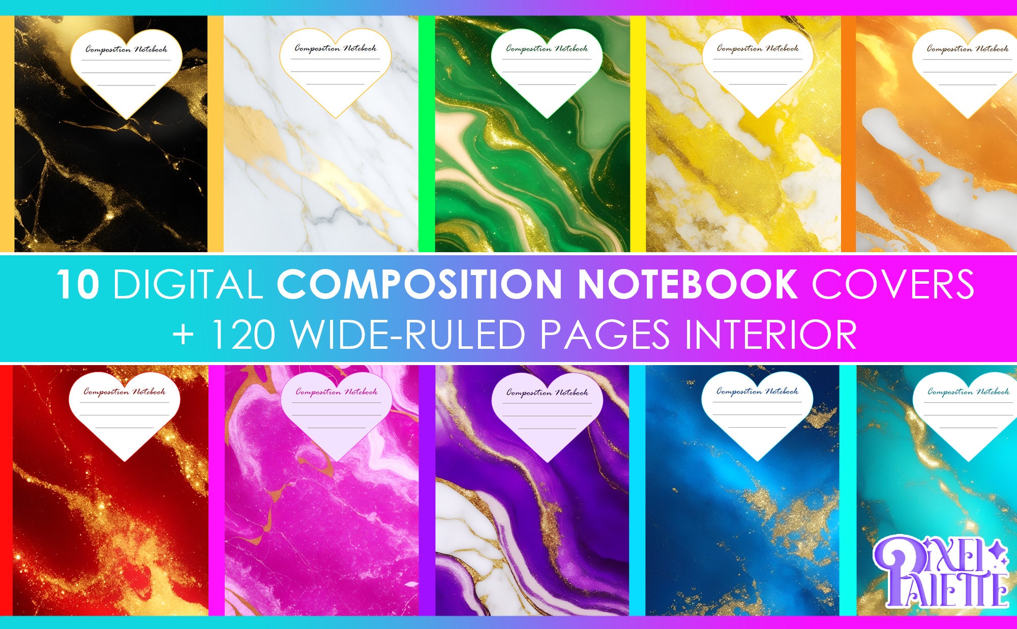 A Bundle of 10 Digital Composition Covers With 120 Wide Ruled Pages ...