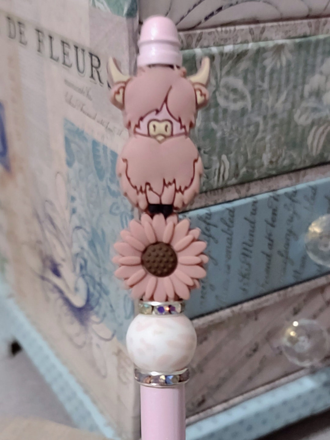 Pink Highland Cow With Daisy Metal Beaded Pen - Etsy