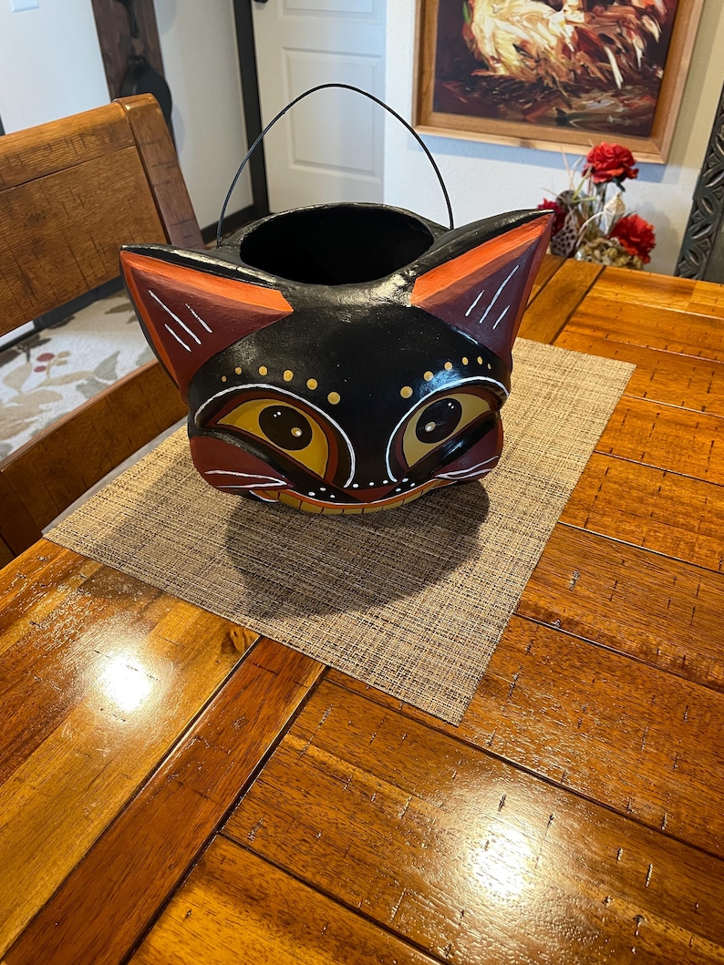 Vintage Black Cat Halloween Bucket | Hand-sculpted Papier-mâché Candy ...