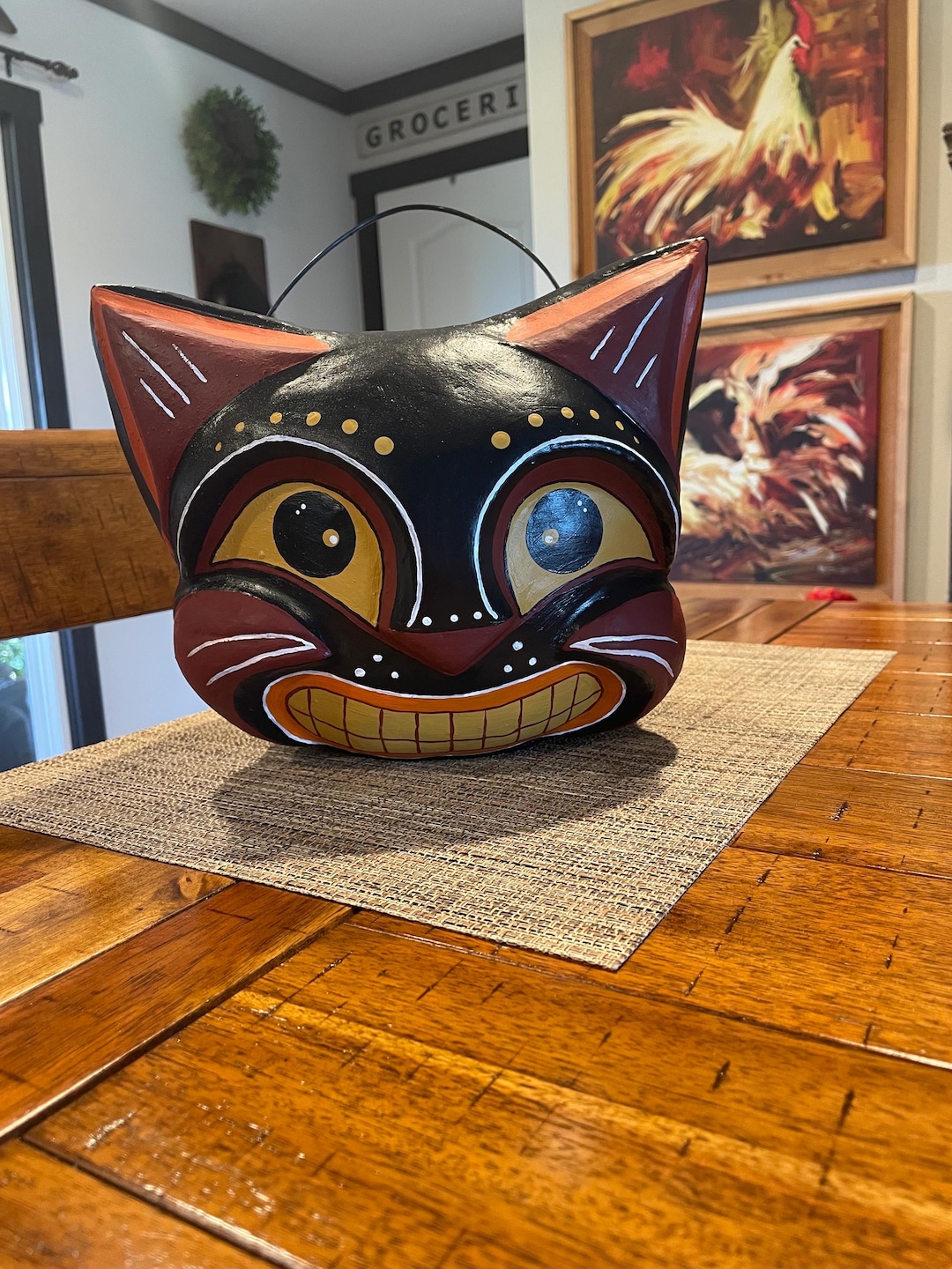 Vintage Black Cat Halloween Bucket | Hand-sculpted Papier-mâché Candy ...