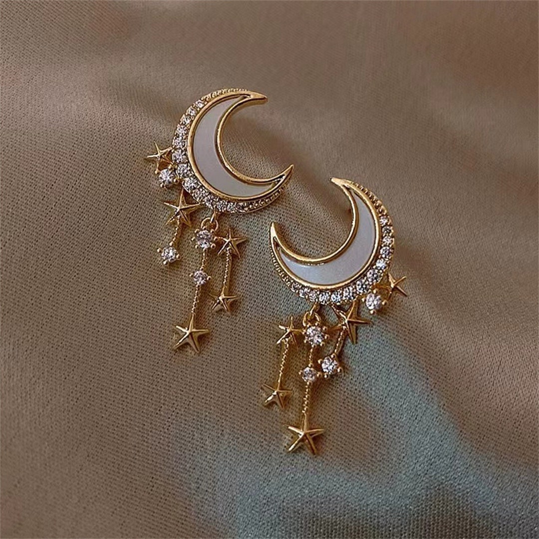 Dainty Gold Crescent Moon Tassel Earringsstar and Moon Stud - Etsy
