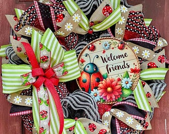Ladybug Welcome Wreath for Front Door Hanger – Red & Black Deco Mesh ...