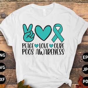 PCOS Awareness Svg Png, Peace Love Cure Svg, Ovary Syndrome Teal Ribbon ...