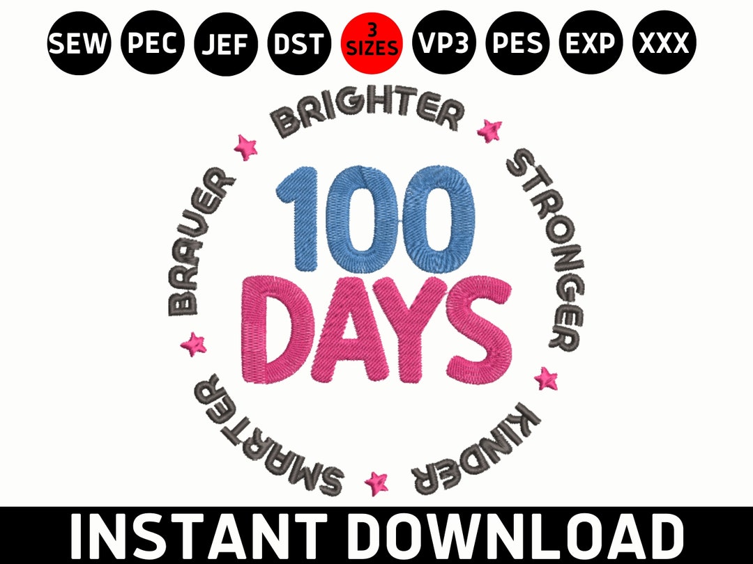 Embroidery 100 Days of School Teacher, 100 Days Smarter Braver Brighter ...