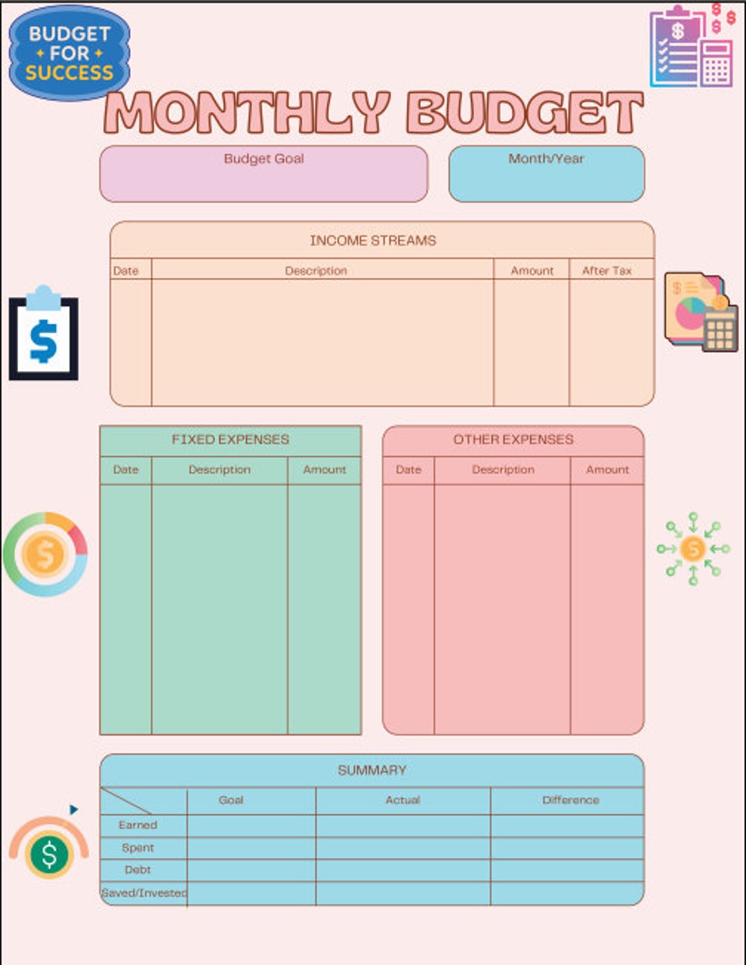 Colorful Monthly Budget Digital Planner - Etsy