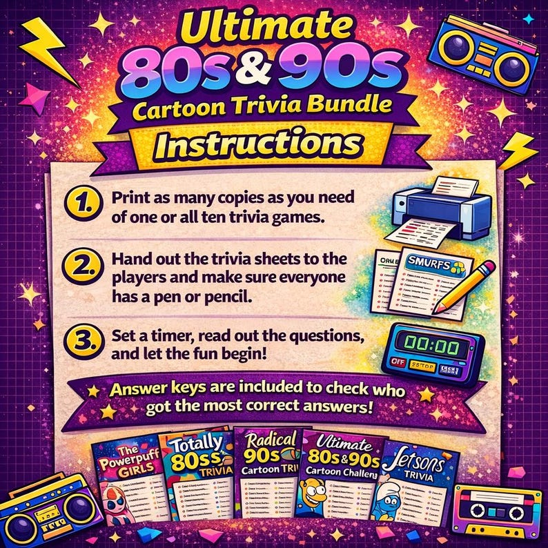 80s 90s Cartoon Trivia Bundle | 10 Printable Party Games (digital ...