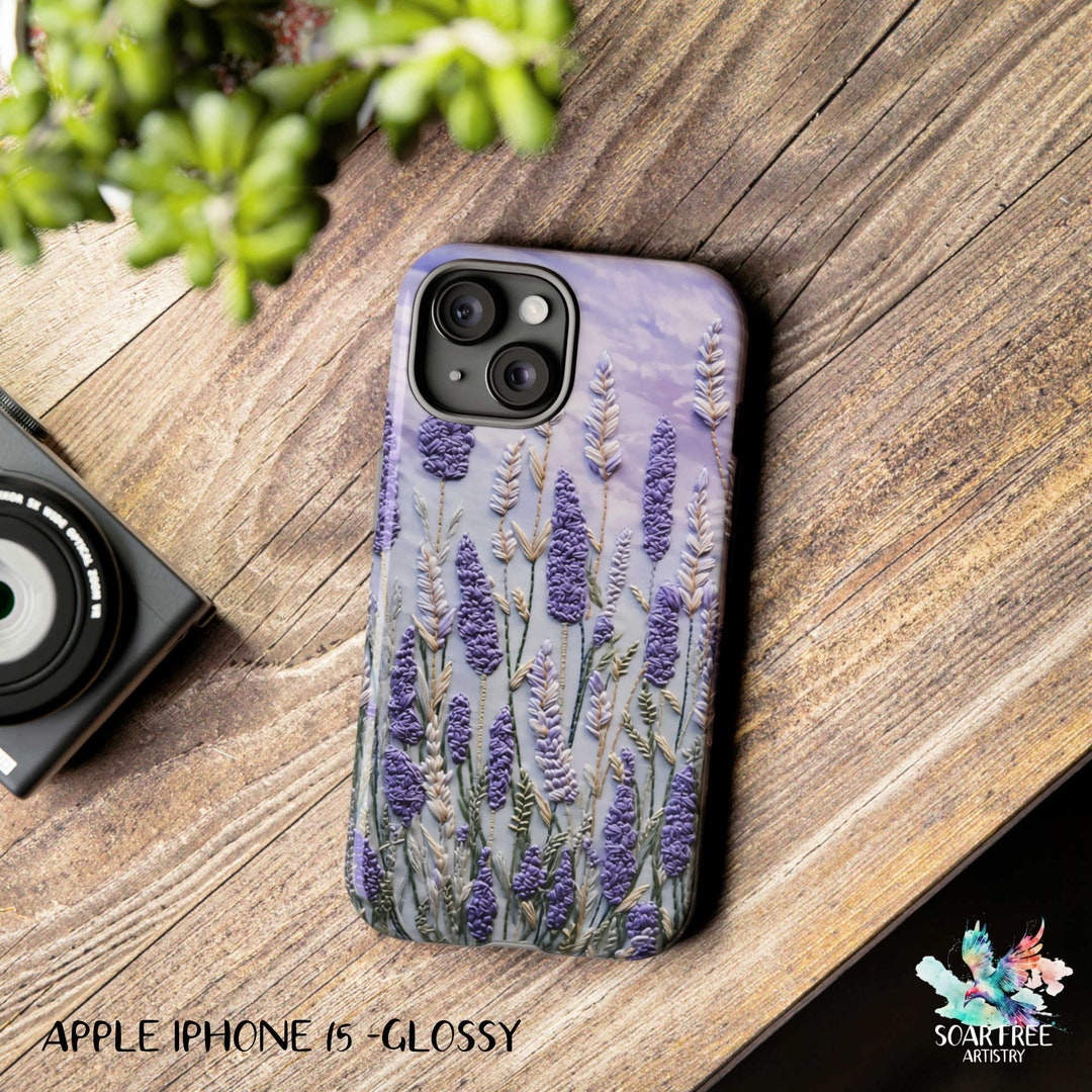 Lavender Embroidered Phone Case Cute Floral Green and Purple Phone ...