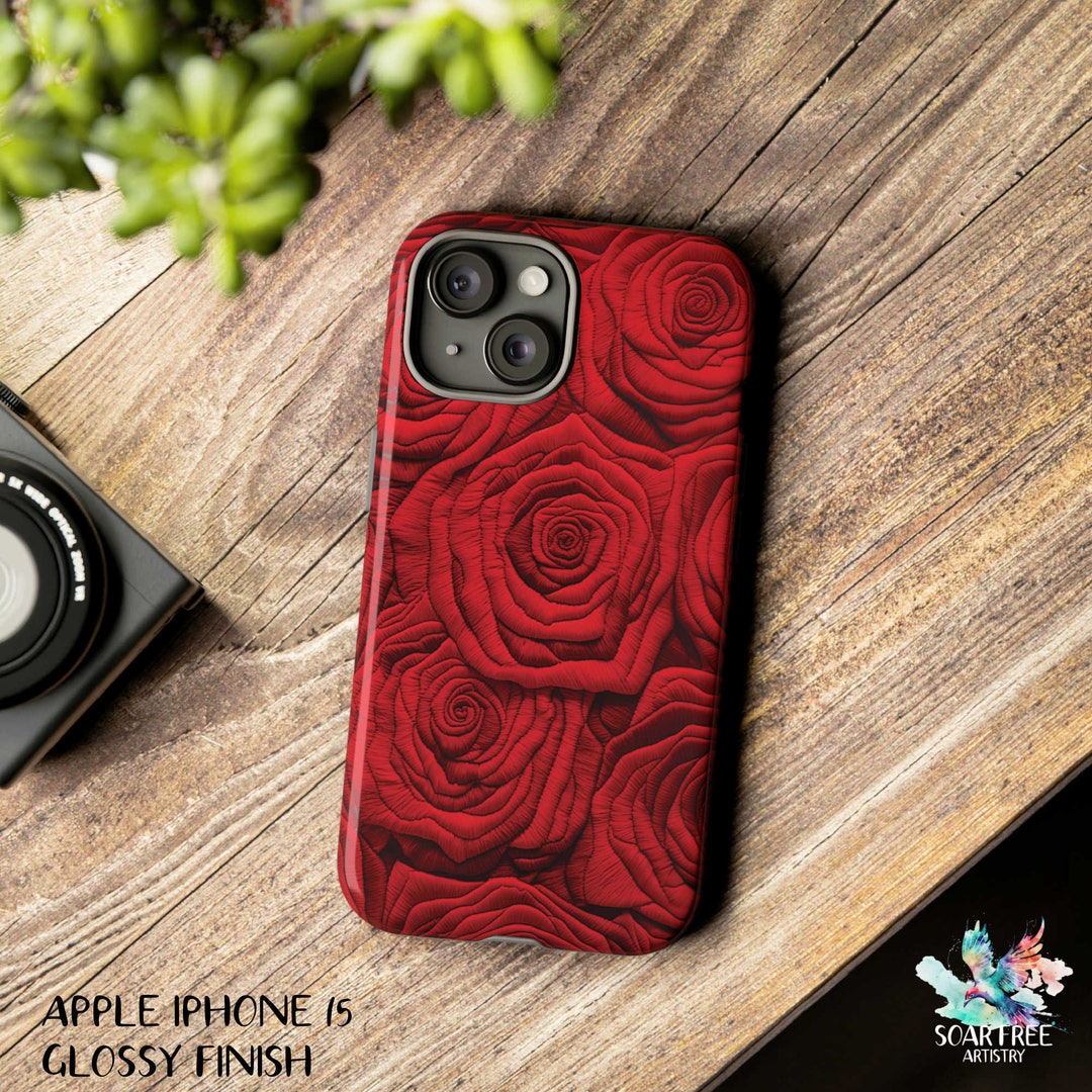 Red Roses Phone Case Embroidered Deep Red Rose Pattern Phone Cover ...