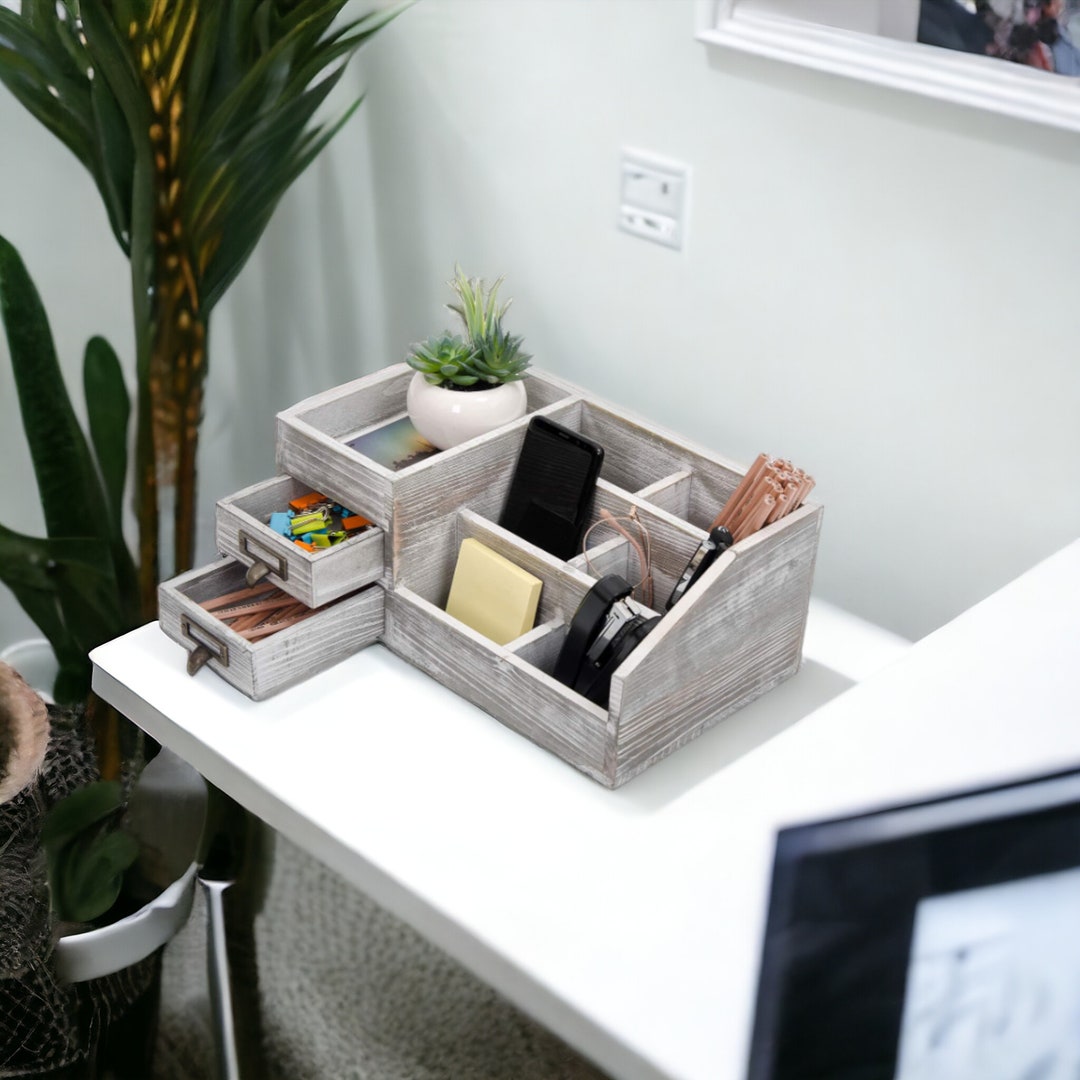 Rustic Wooden Office Desktop Organizer Wood Shelf Tabletop Home ...