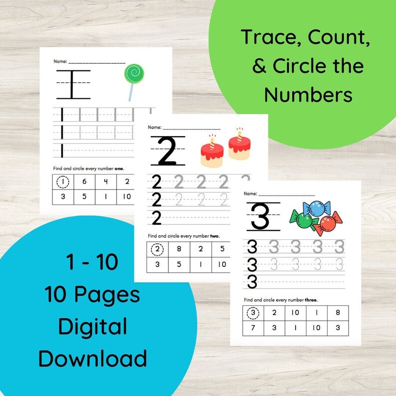 Learn & Trace Numbers 1 10 Printable Worksheets, Trace, Count, Circle ...