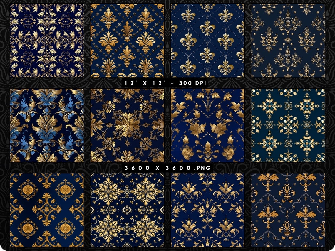 Golden Elegance: Regal Blue and Gold Seamless Patterns, Seamless File ...