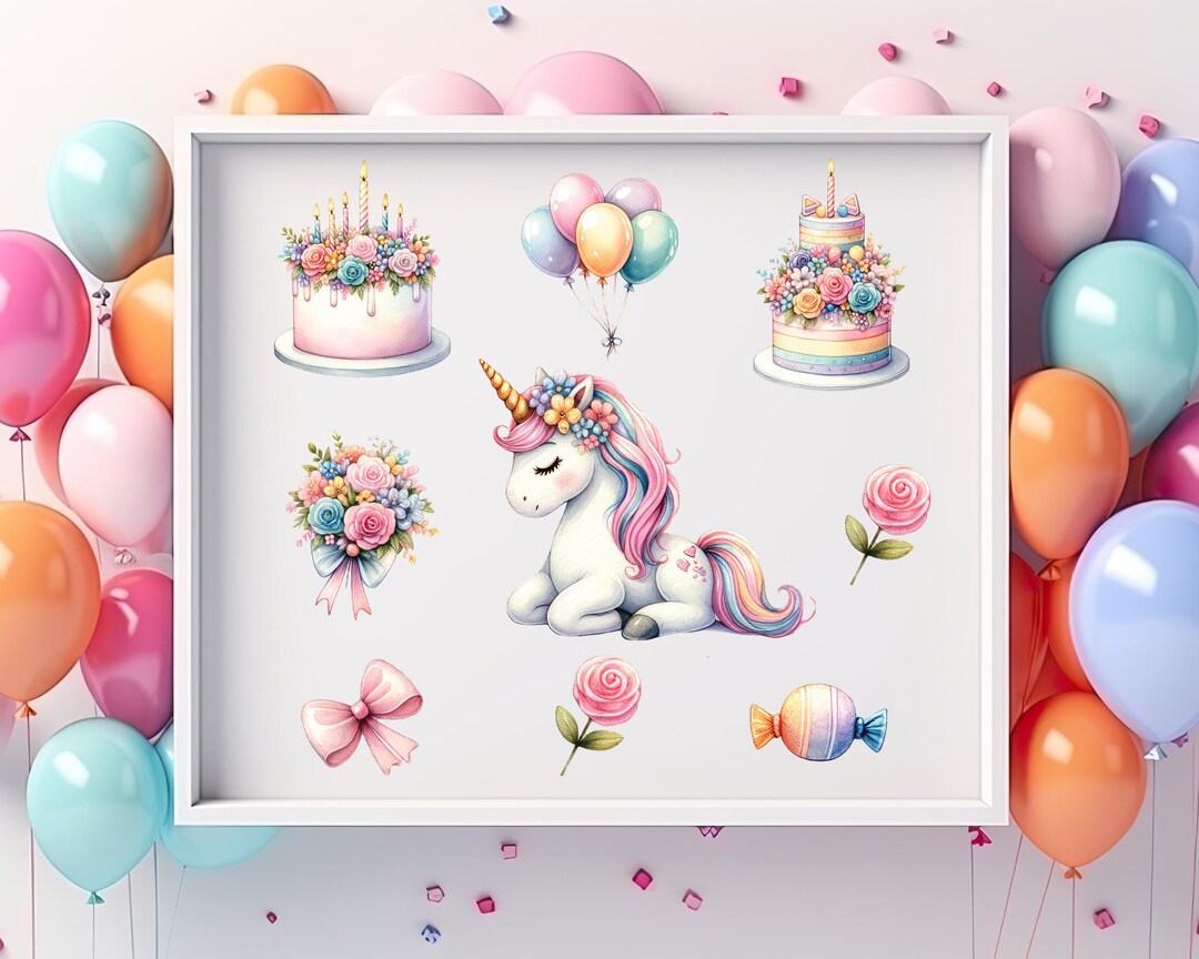 Watercolor Birthday Clipart Set 8 | Unicorn Birthday Party PNG Bundle ...