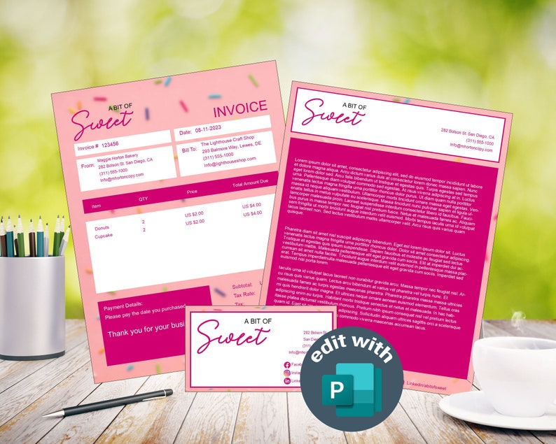 Pink-themed Editable Branding Package: Business Cards, Letterheads, Invoices Pink-themed ...