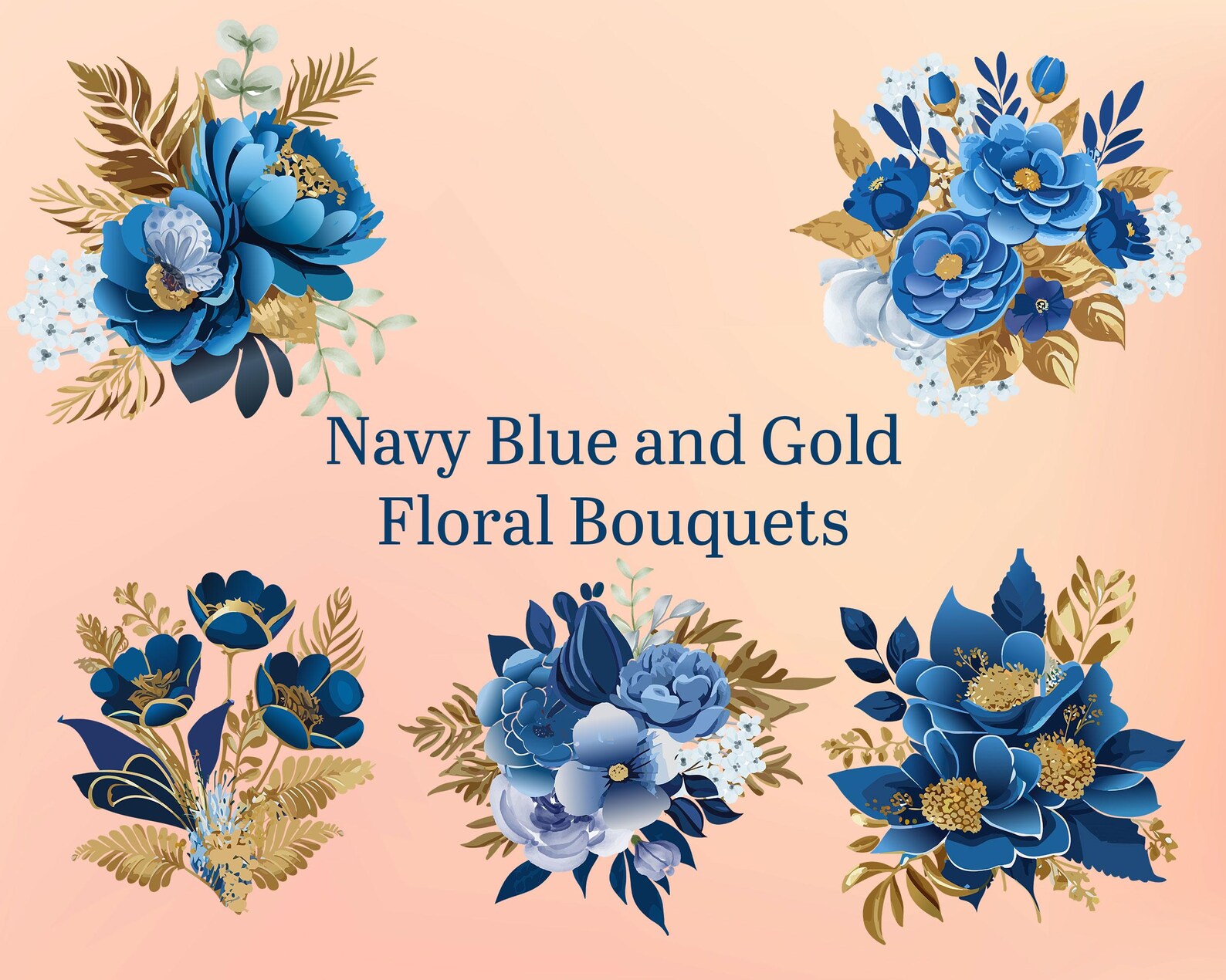 Elegant Navy Blue and Gold Floral Bouquet Collection Luxurious Graphics ...
