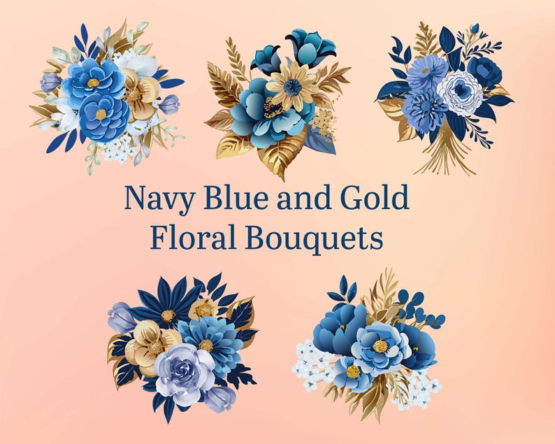 Elegant Navy Blue and Gold Floral Bouquet Collection Luxurious Graphics ...