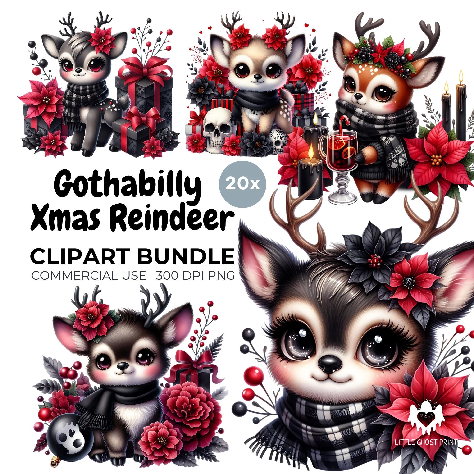 Gothabilly Reindeer Xmas Clipart, Gothic, Punk, 300 DPI Transparent PNG ...