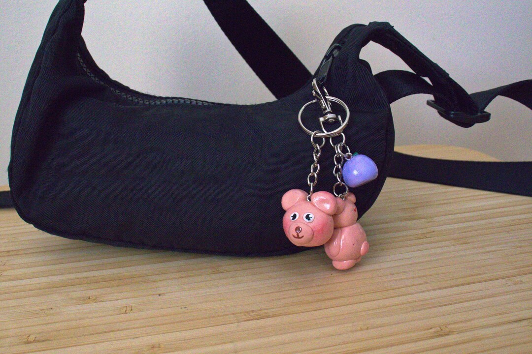 Pink Teddy Bear Head Keychain – Kawaii Bag Charm Accessory for Keys ...