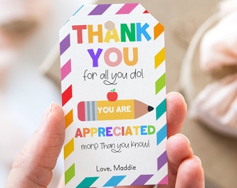 Teacher Appreciation Gift Tag, Pencil Teacher Colorful End of School ...