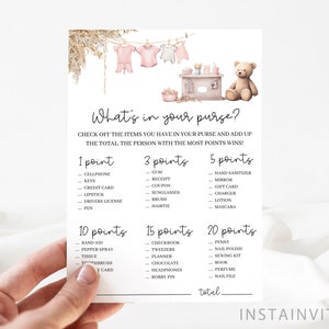 What's in Your Purse Baby Shower Game, Teddy Bear Girl Baby Shower Baby ...