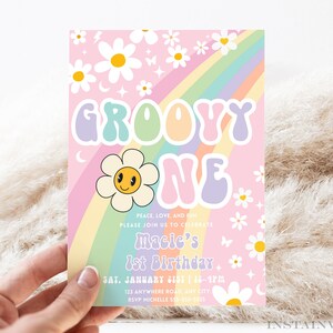 Editable Groovy One Rainbow Groovy Invite 1st Birthday Invite Pink ...