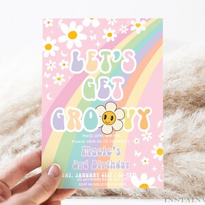 Editable Let's Get Groovy Invite Daisy Rainbow Groovy Birthday Invite ...