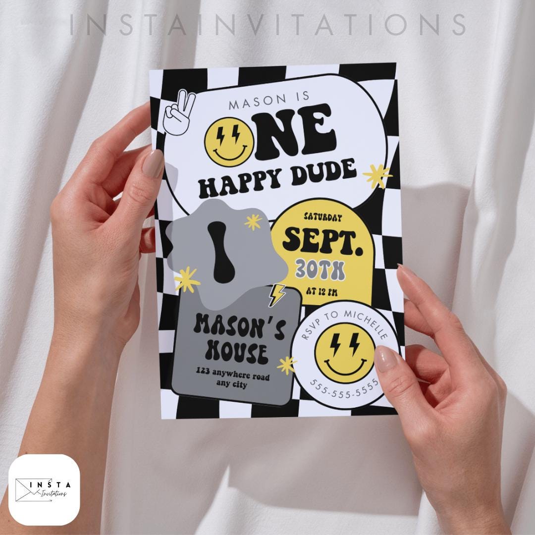 Editable Checkered Smiley Face Groovy Retro Birthday Invite, One Happy ...