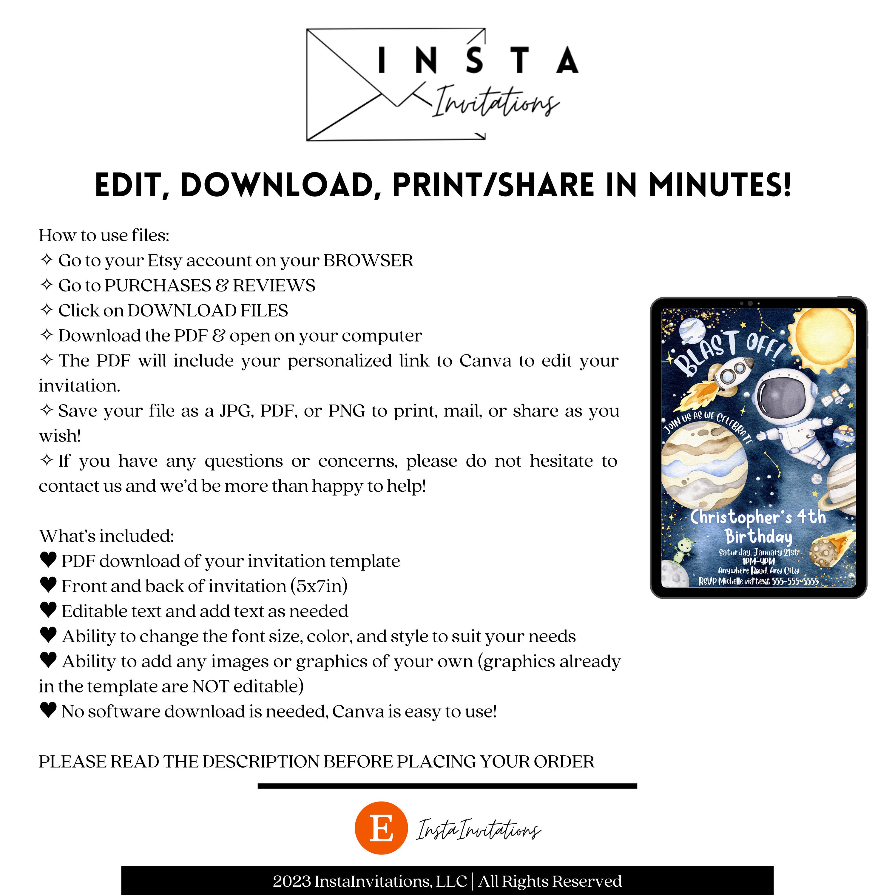 Astronaut Blast off Birthday Party Invitation, Birthday Party Invite ...