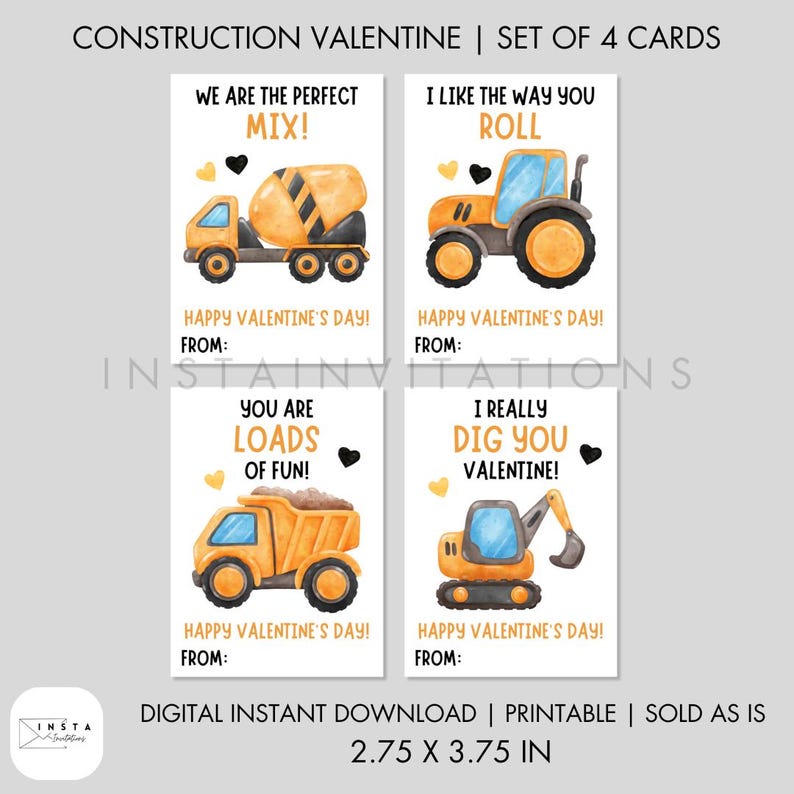 Printable Kids Construction Valentines Card for School Classroom, Dump ...