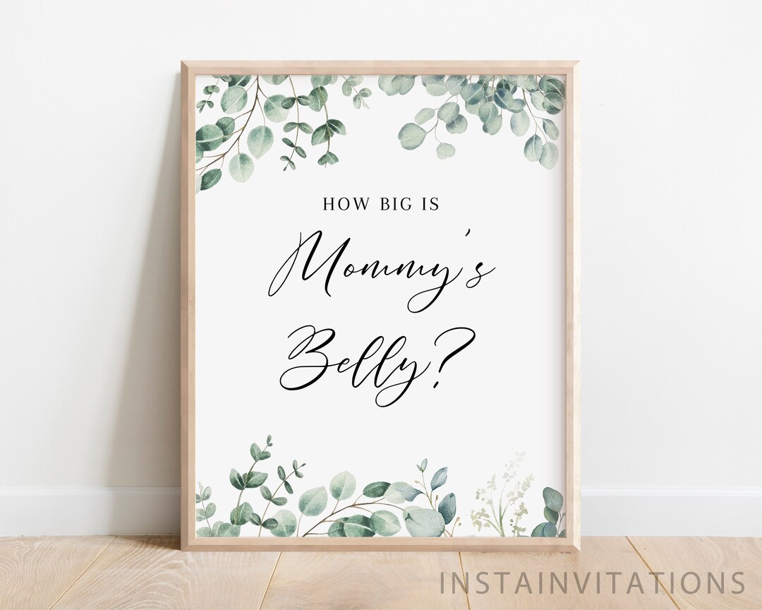 How Big is Mommy's Belly Sign & Card, Oh Baby Eucalyptus Green Baby ...