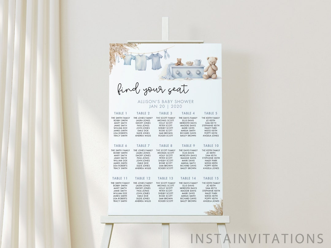 Editable Find Your Seat Sign, Seating Chart Boy Teddy Bear Baby Shower ...