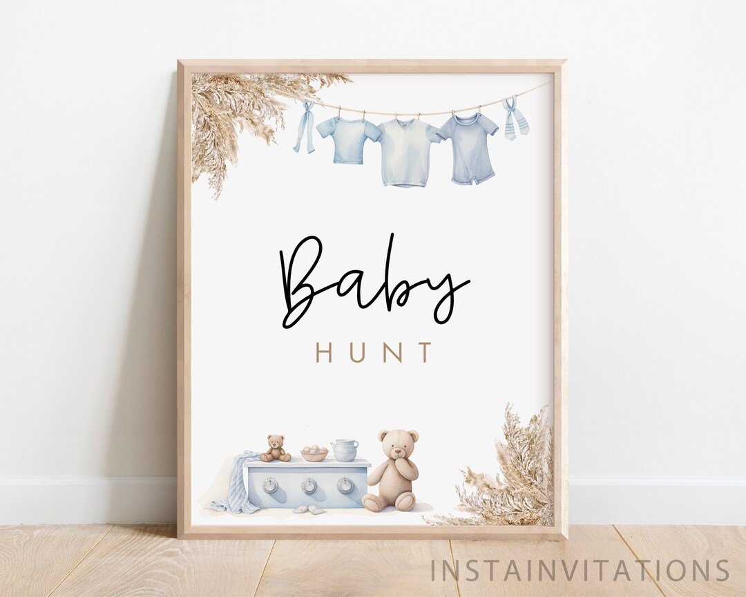 Baby Hunt Sign, Teddy Bear Boy Blue Baby Shower, Baby Clothesline ...