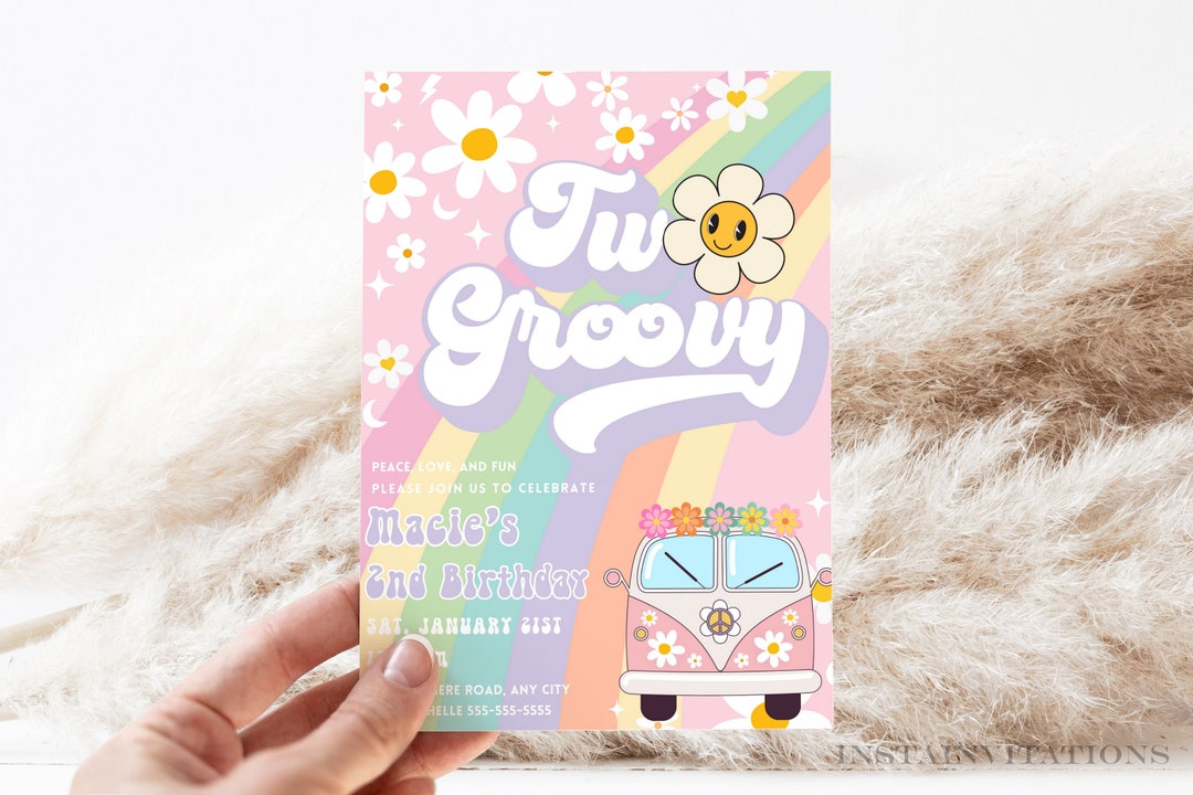 Editable Two Groovy Rainbow Groovy Invite 2nd Birthday Invite Pink ...