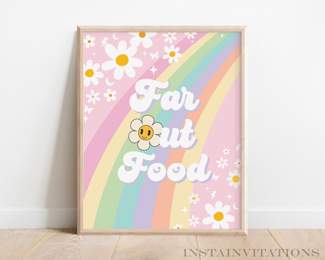 Far Out Food Rainbow Groovy Sign Birthday Invite Pink Daisy Van ...