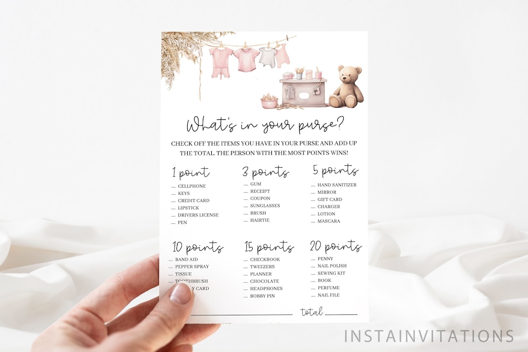 What's in Your Purse Baby Shower Game, Teddy Bear Girl Baby Shower Baby ...