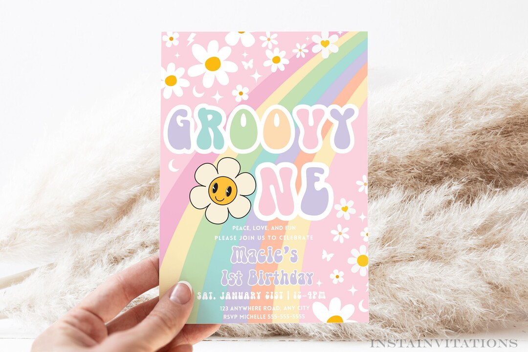 Editable Groovy One Rainbow Groovy Invite 1st Birthday Invite Pink ...